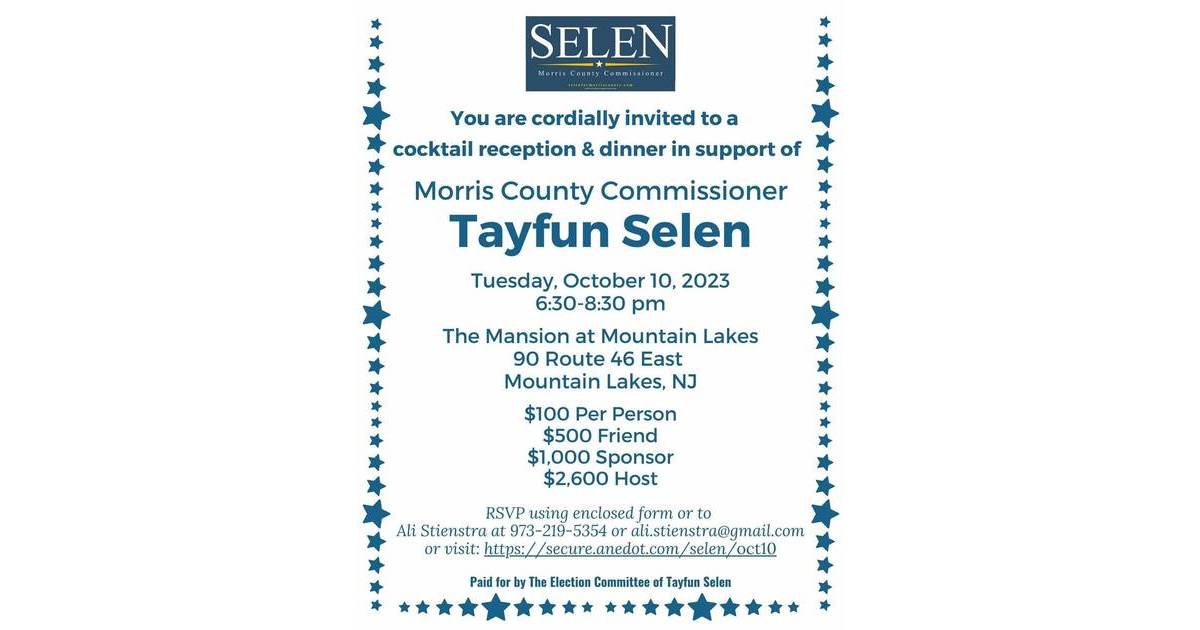 Community Invited to Cocktail Reception and Dinner Supporting Morris County Commissioner Tayfun ...