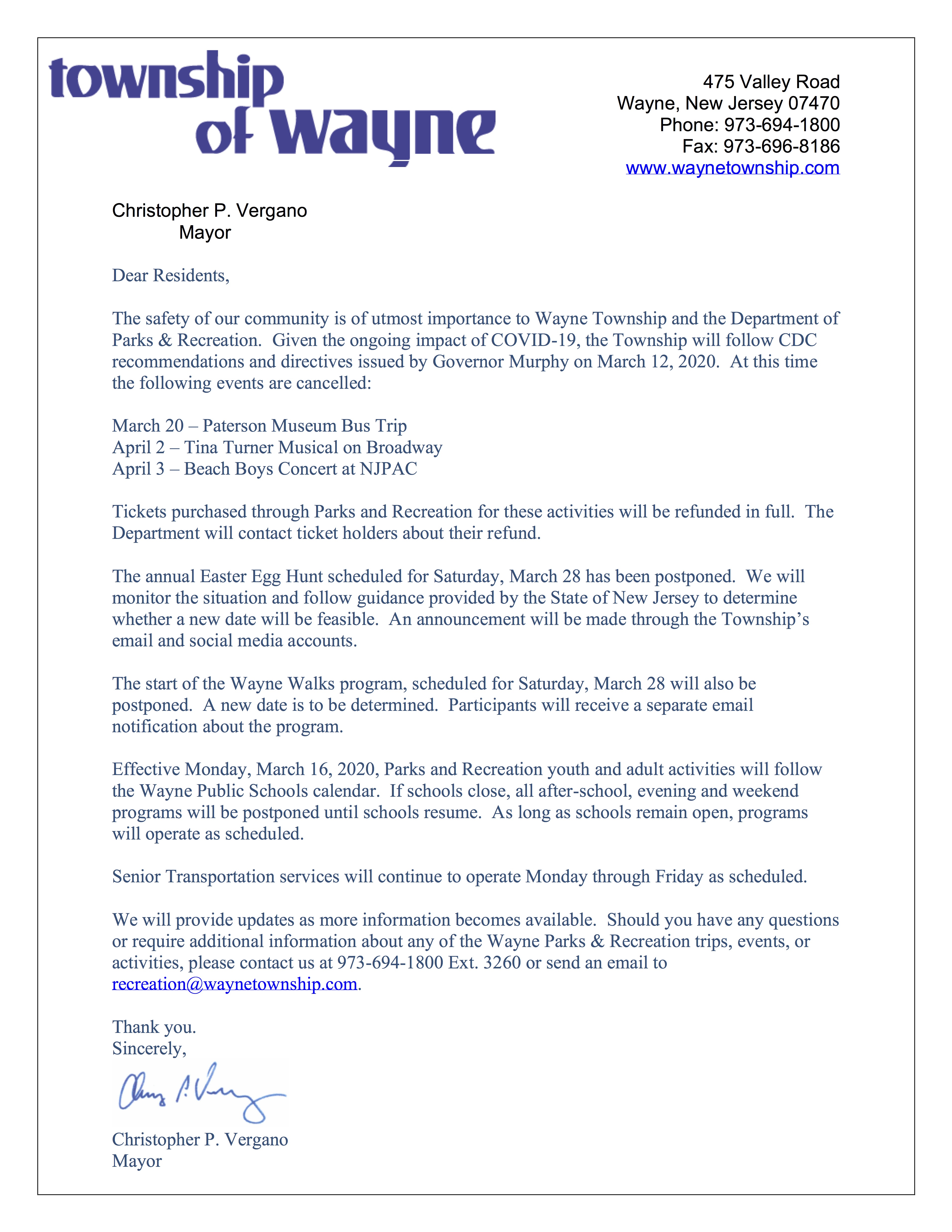A Letter From Wayne Mayor Chris Vergano Regarding Event Cancelations