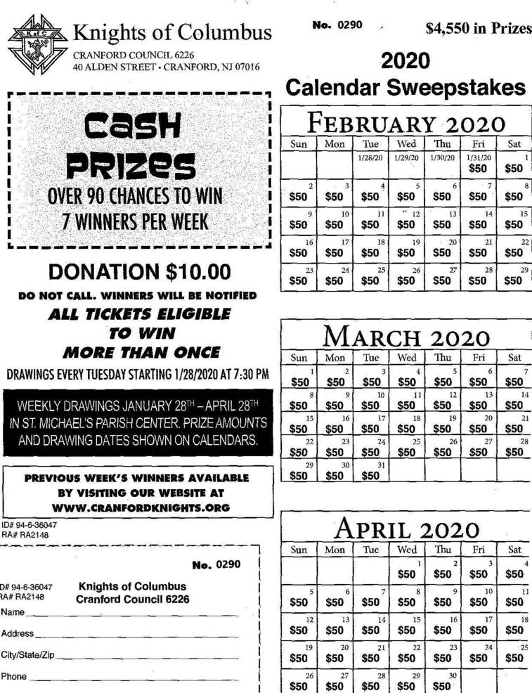 Cranford Knights of Columbus 2020 Calendar Raffle Fundraiser | TAPinto