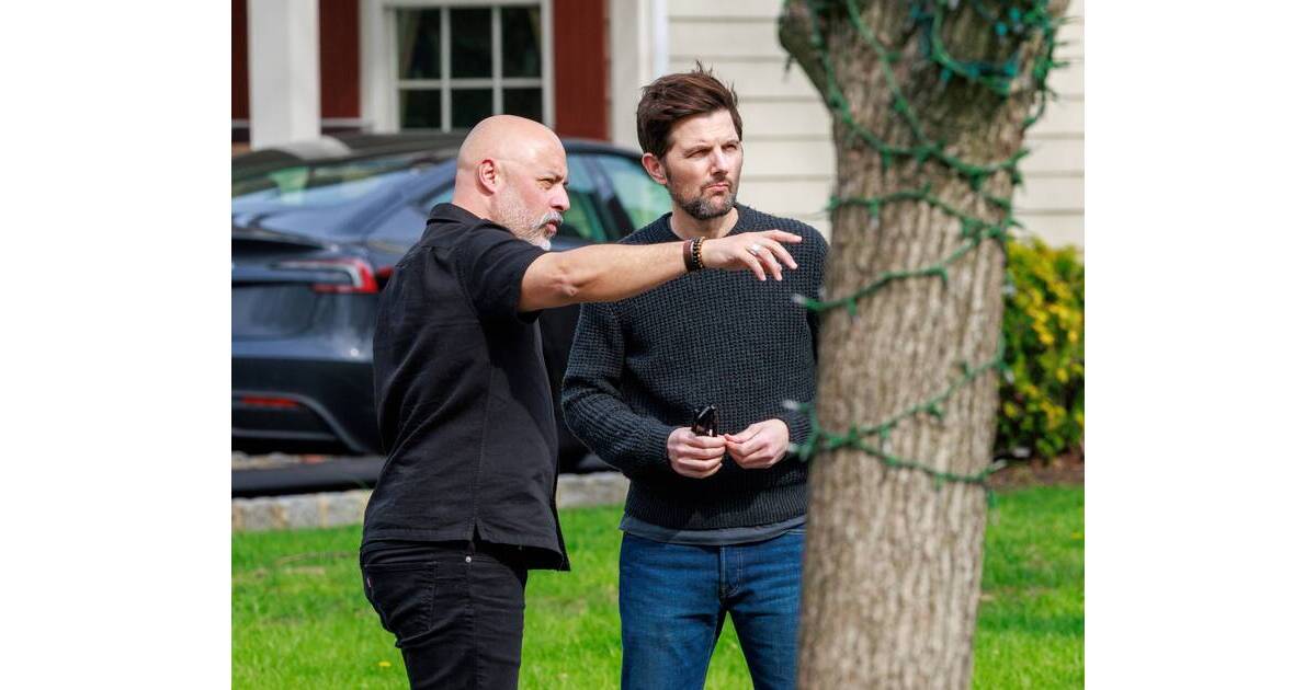 Adam Scott Seen Filming Movie with Director James Ashcroft in Westfield ...