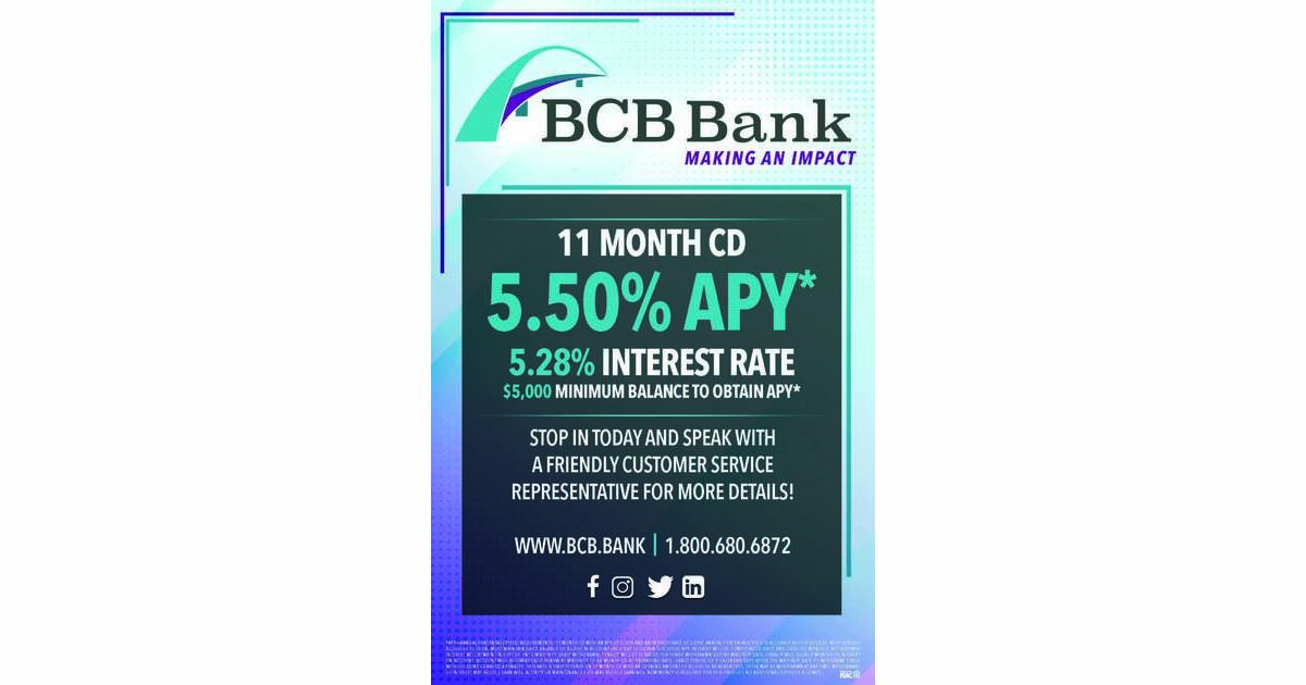 BCB Bank Announces 5.5% APY* 11 Month CD | SOMA, NJ News TAPinto | TAPinto
