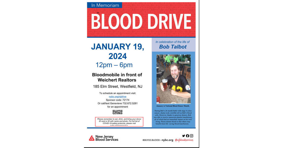 Blood Drive in Loving Memory of Lifelong Cranford Resident Bob Talbot ...
