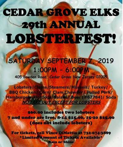 Cedar Grove Elks' 29th Annual Lobsterfest Sept. 7th | Verona/Cedar ...