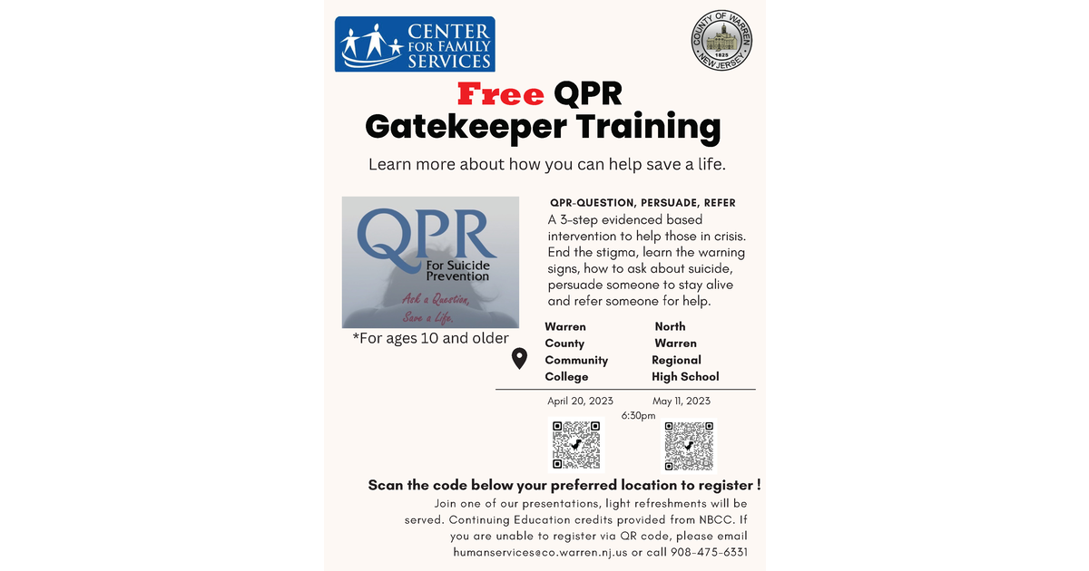 Warren County Presents Free QPR Gatekeeper Training | Phillipsburg, NJ ...