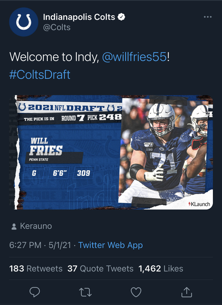 Cranford's Will Fries Selected by Colts in NFL Draft, Thanks Community ...