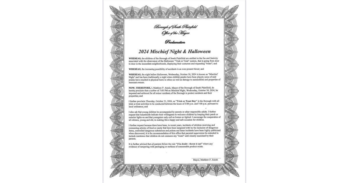 South Plainfield Borough Sets 2024 Mischief Night Curfew, Halloween ...