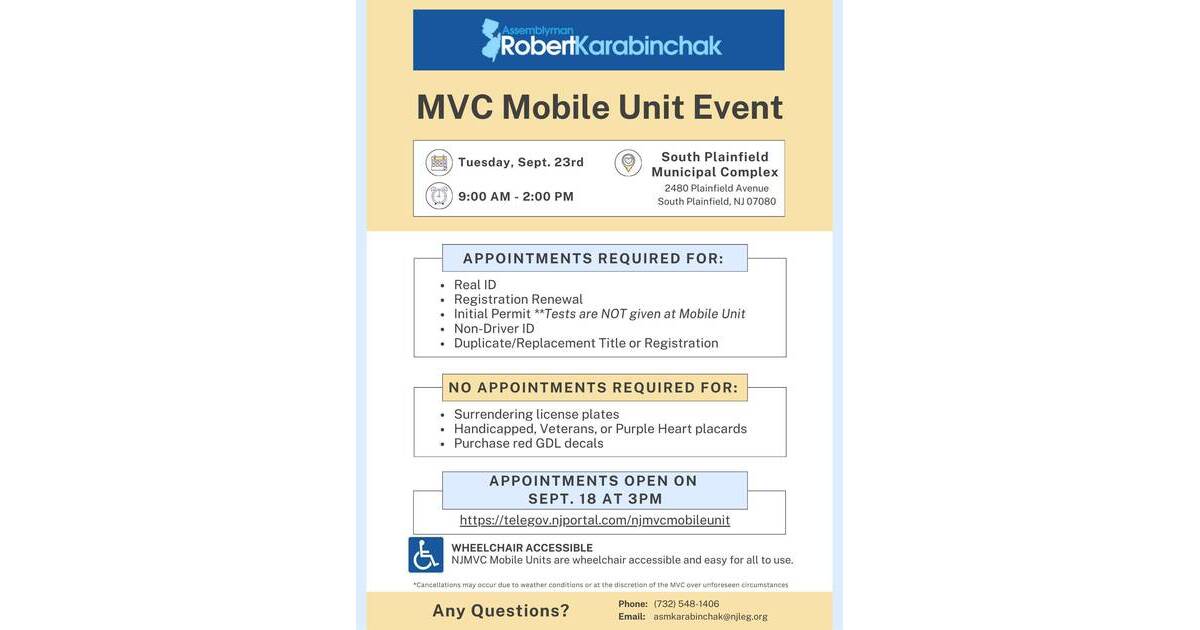 MVC Mobile Unit Coming to South Plainfield Sept. 23 – Appointments Open ...