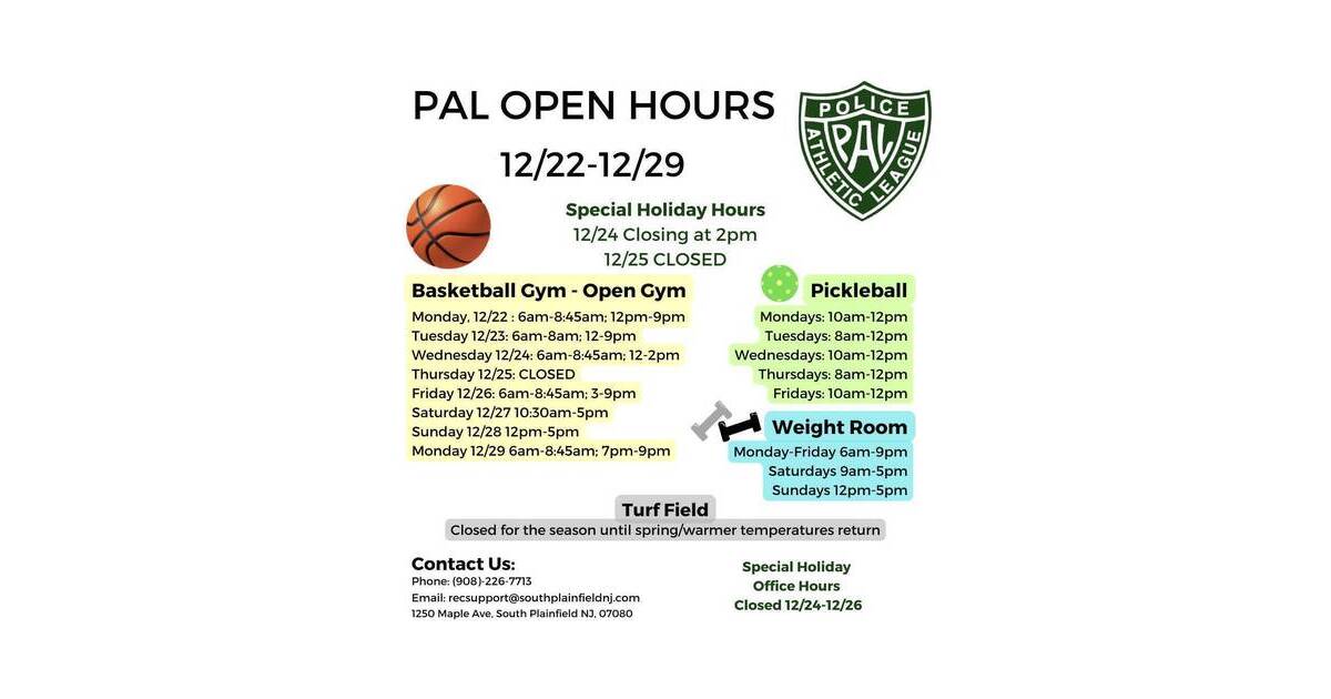 Special Holiday Hours Upcoming for PAL | South Plainfield, NJ News ...