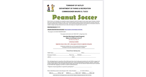 Nutley Parks and Recreation Spring Peanut Soccer Registration | Nutley ...