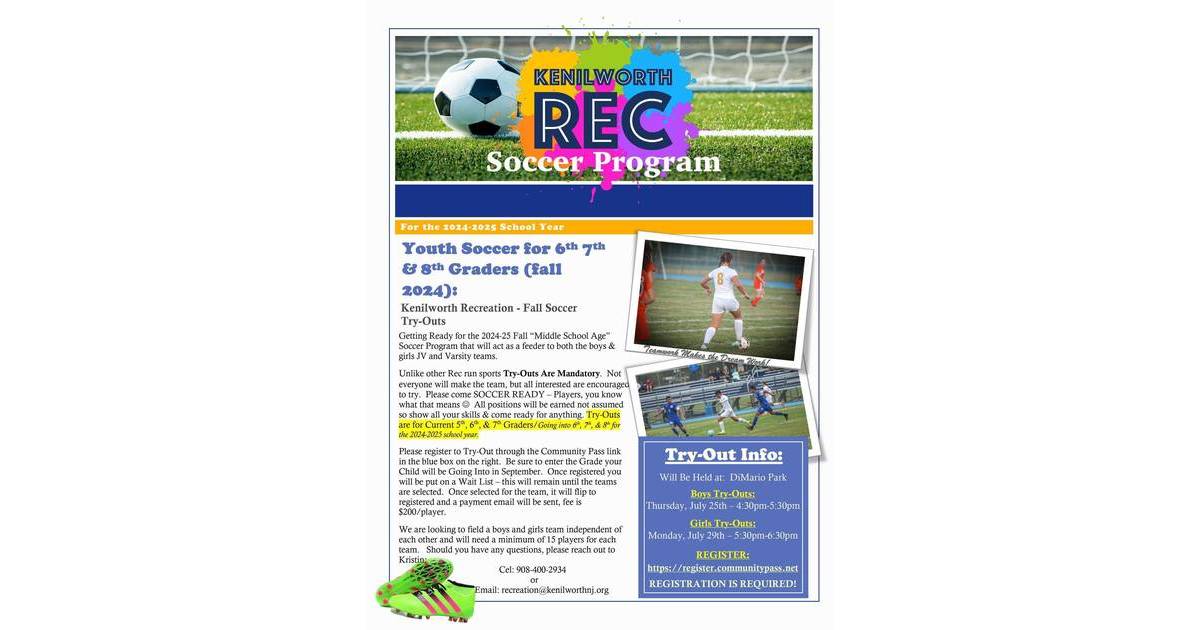 Kenilworth Rec Announces Middle School Level Soccer Tryouts for 2024-25 ...