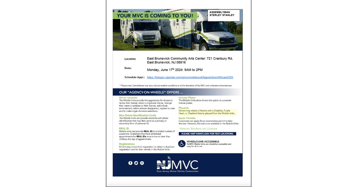 Mobile Motor Vehicle Unit in East Brunswick on Monday, June 17 | East ...