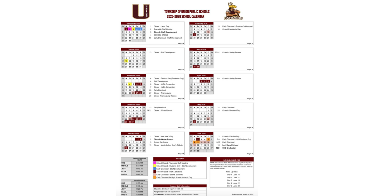 Union's 2025-2026 School Calendar | Union, NJ News TAPinto | TAPinto