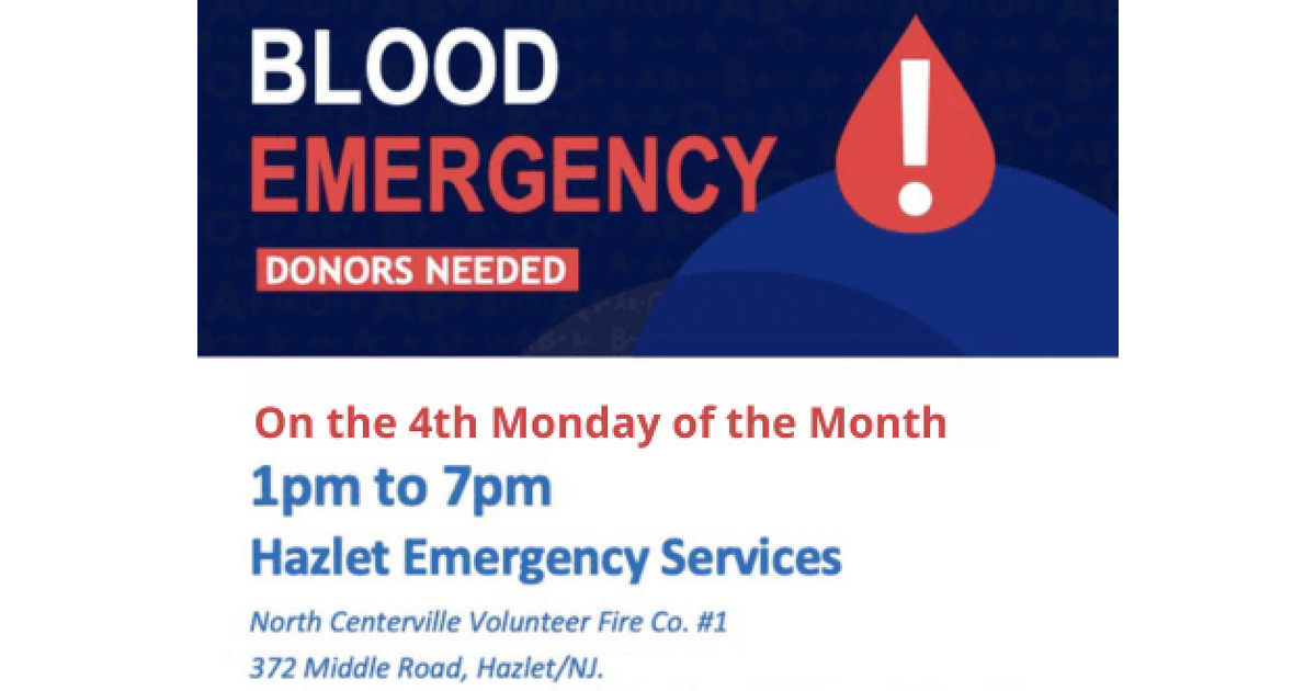 Blood Emergency: Hazlet Monthly Blood Donation Drive, Monday, Feb. 26 ...