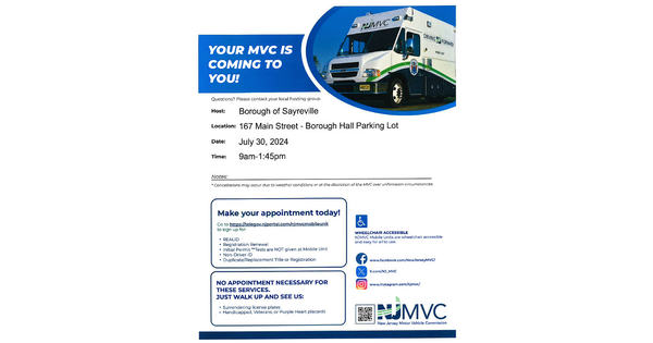 Mobile Motor Vehicle Commission (MVC) Unit Will Roll into Sayreville on ...