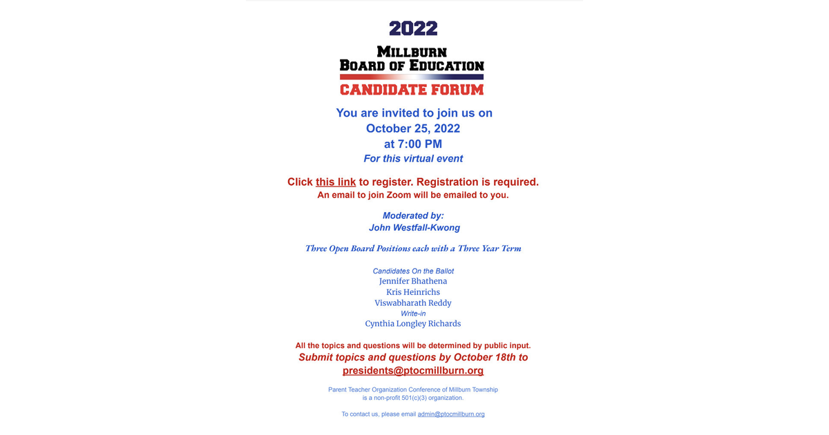 Millburn Board of Education Candidate Forum on October 25 | Millburn ...