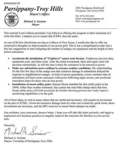 Soriano Issues Stern Letter to JCP&L on Behalf of Parsippany Residents ...