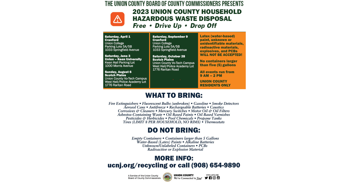 2023 Union County Hazardous Waste Disposal this Saturday, April 1, in ...