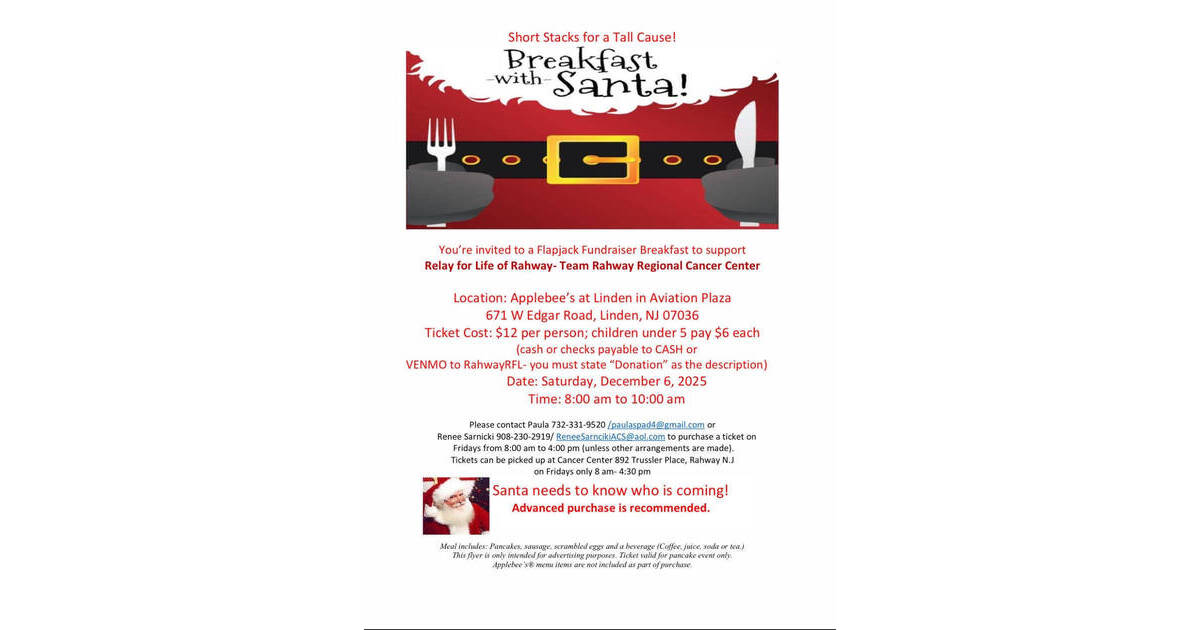 Breakfast with Santa Fundraiser on Dec. 6 to Benefit Rahway Relay for ...