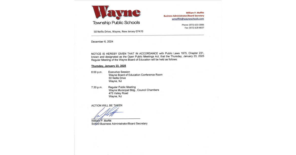 Wayne Board of Education Schedules Regular Meeting and Executive ...