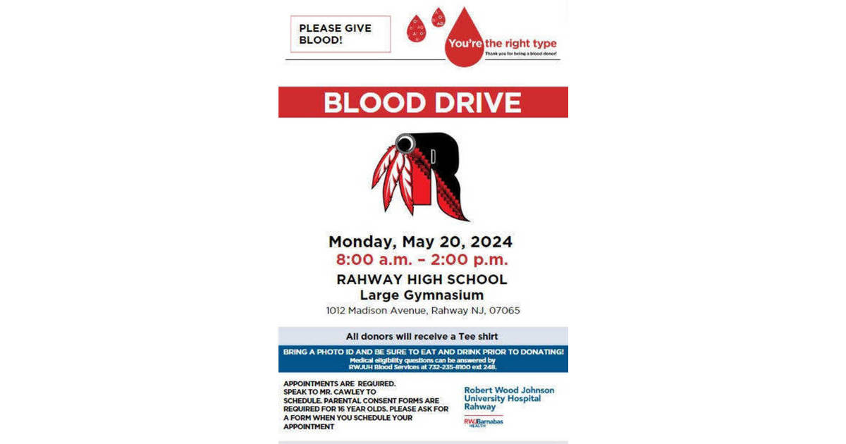 Reminder: Rahway High School Holding Blood Drive Today, Monday, May 20 ...
